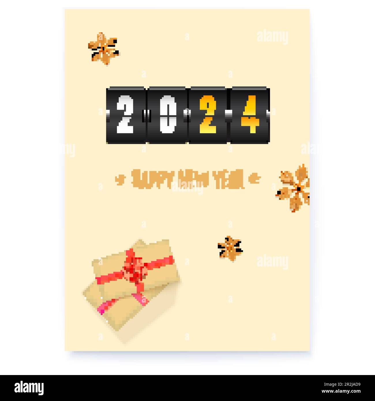Happy New Year 2024. Mechanical flip time board, gift boxes and golden ...