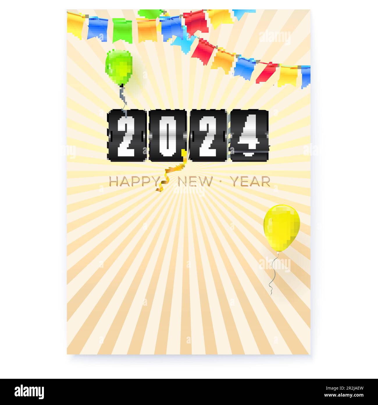 Happy New Year 2024. Mechanical flip time board, colored pennants and ...