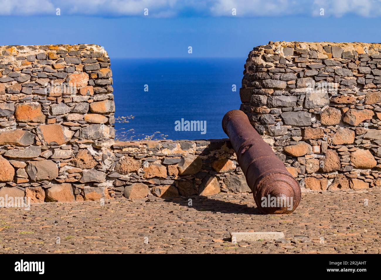 An old cannon on the wall of the Forte Real de São Filipe fortress ...