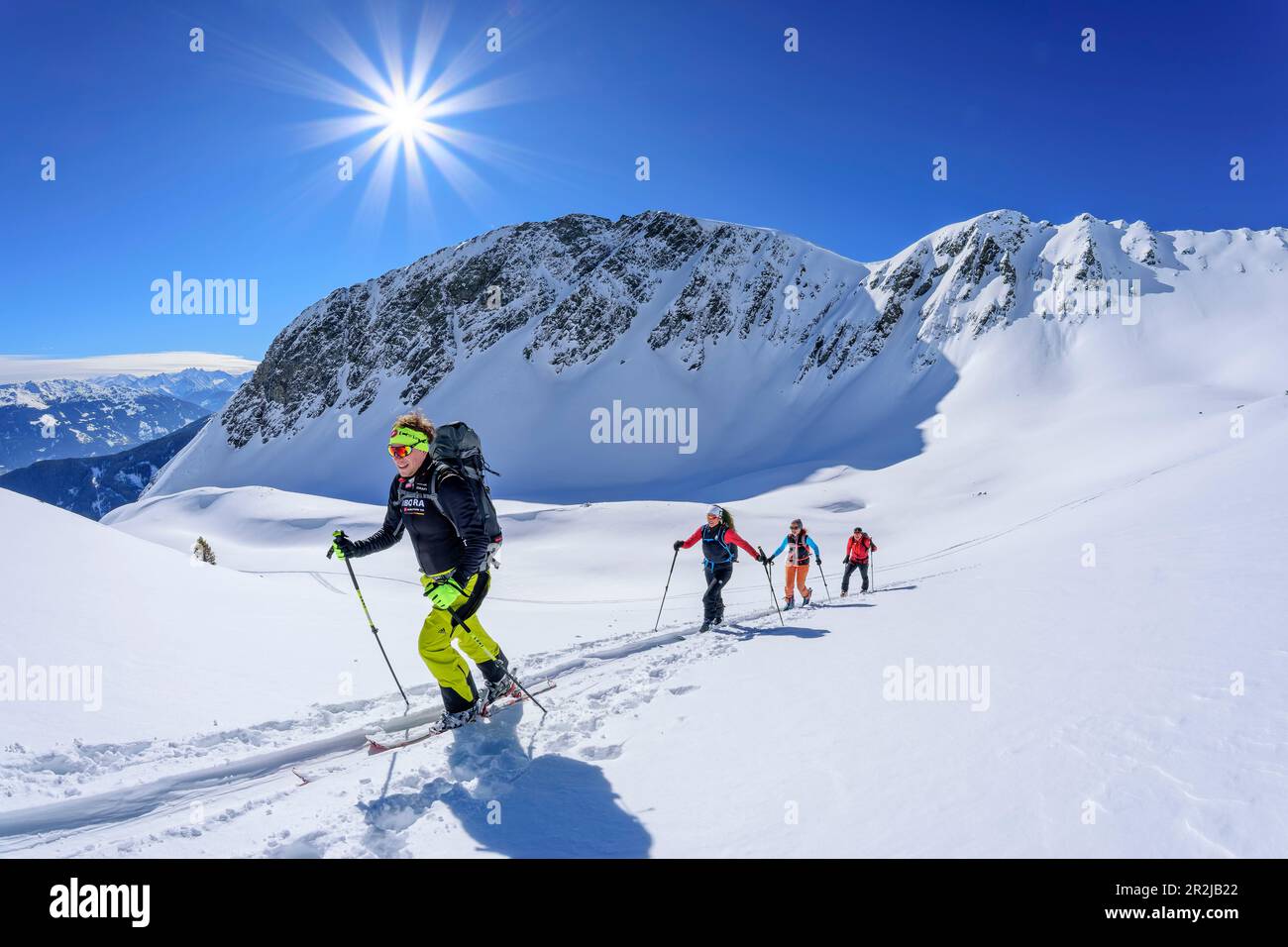 Four people on a ski tour ascending to the Kellerjoch, Kellerjoch ...