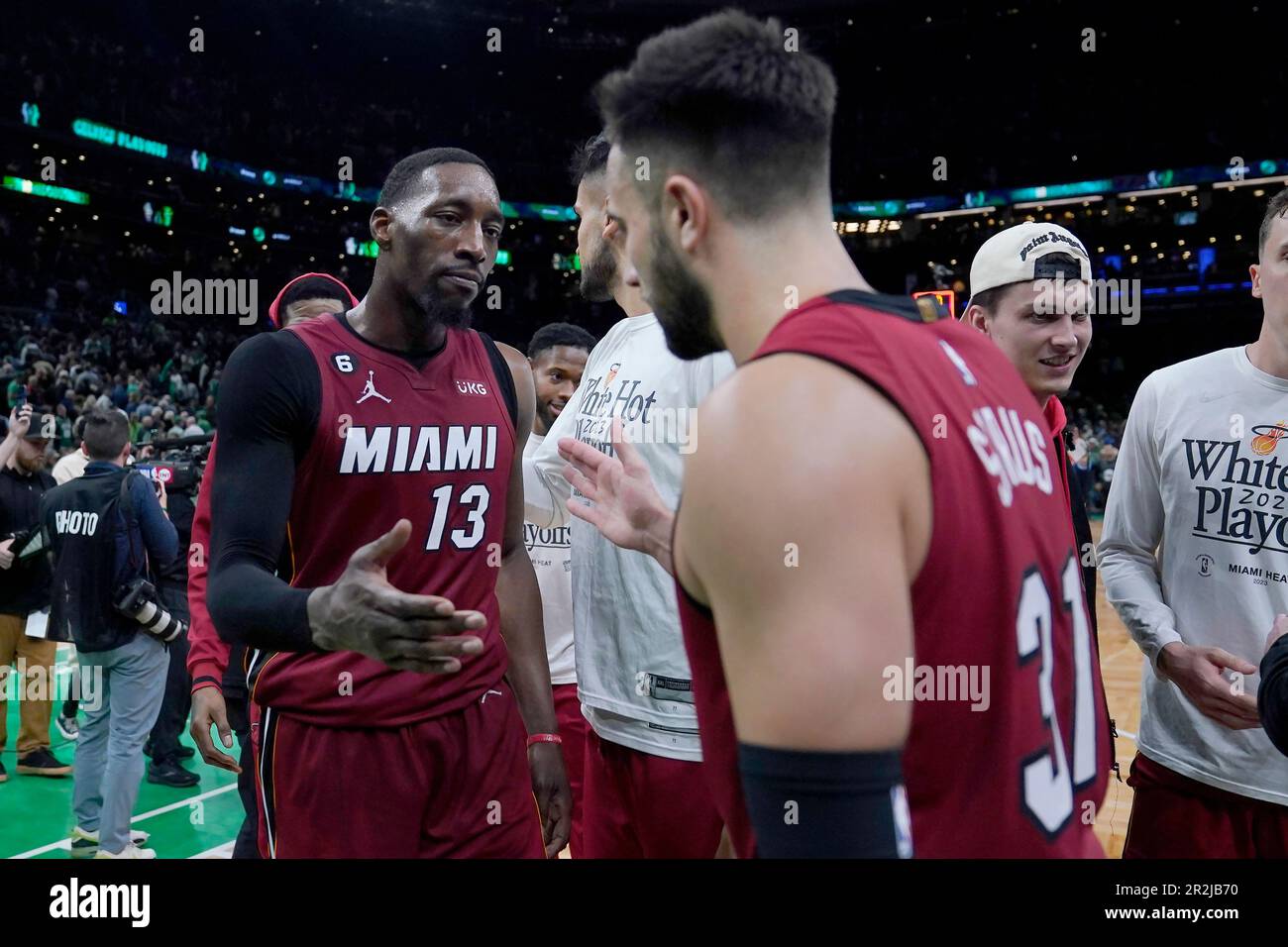 Miami Heat center Bam Adebayo (13) celebrates with guard Max Strus (31 ...