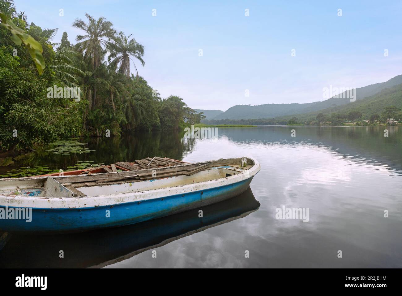 Volta River with a rowing boat at Adomi near the Akosombo Dam in the ...