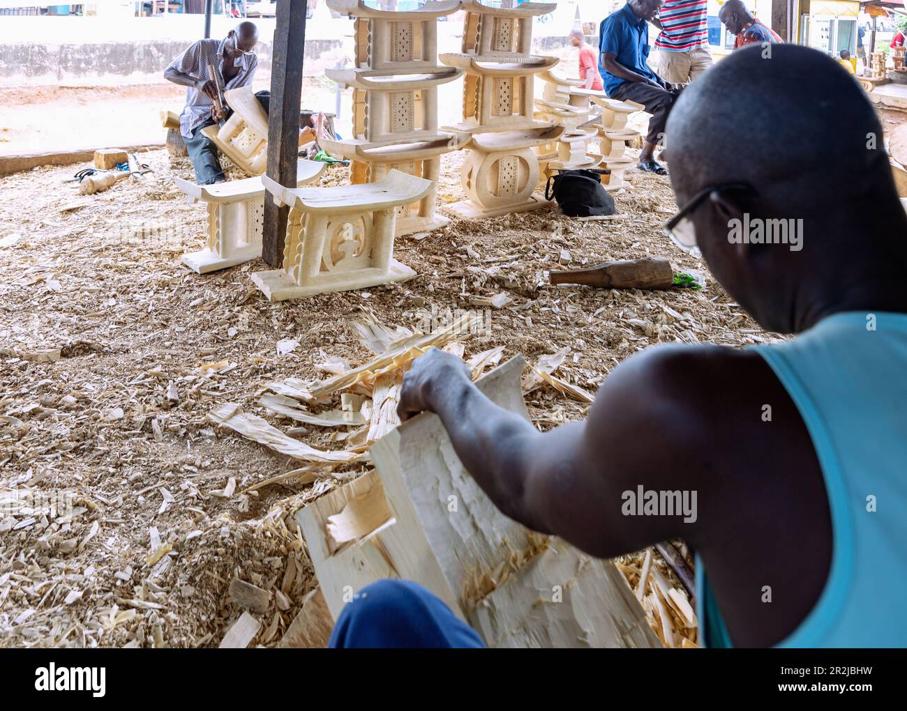 Ashanti wooden stools made by carvers at Ahwiaa north of Kumasi in the ...