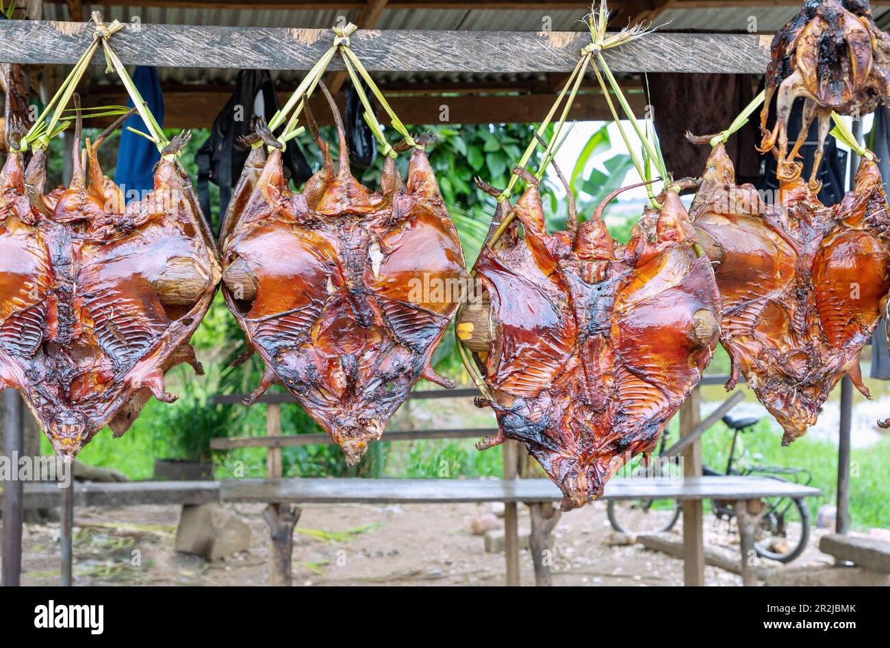 Street food stall selling smoked grass cutters in Ayinam in the Eastern ...