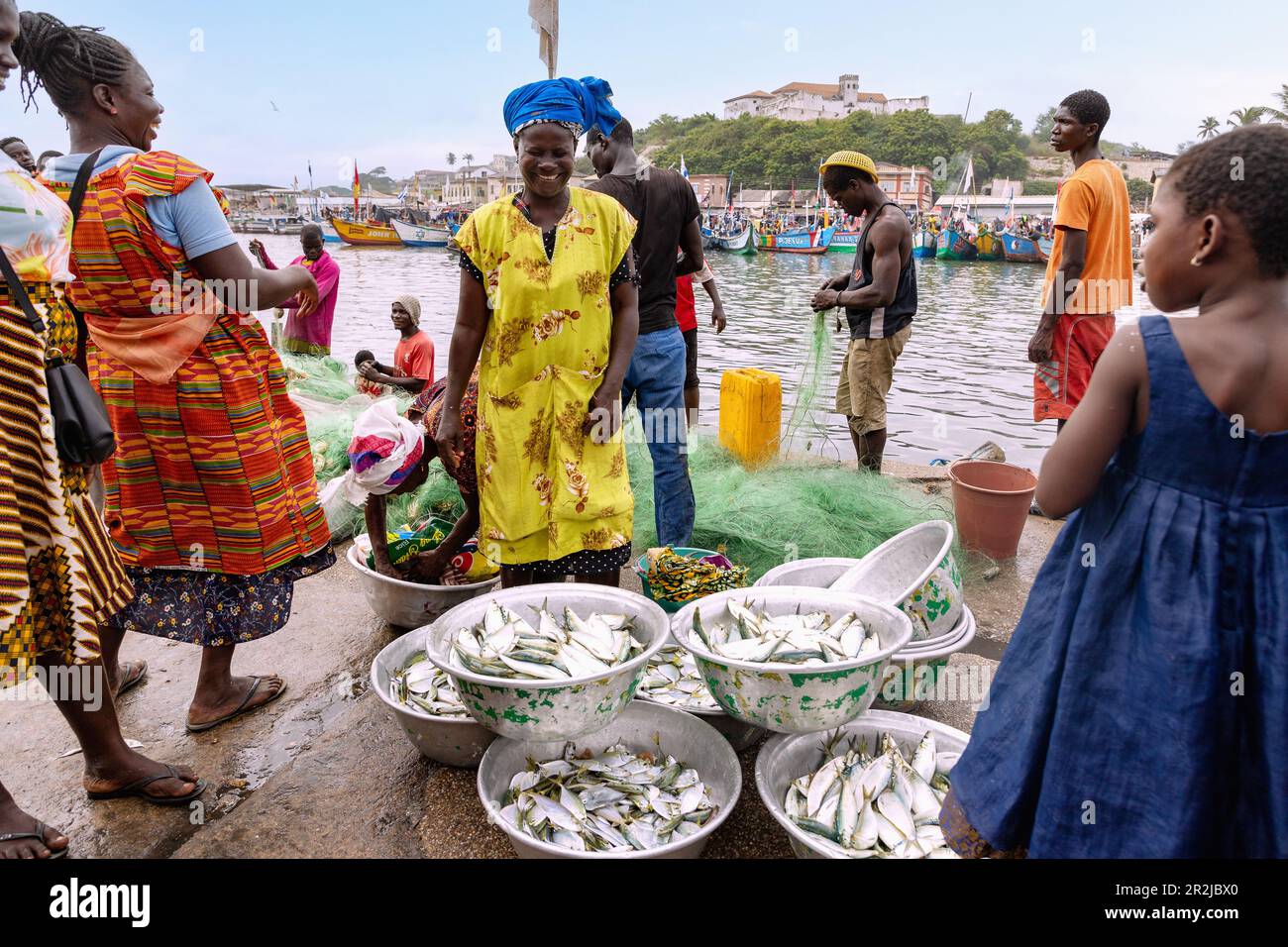 Fish market and fishing port in Elmina looking towards the São Jago da ...