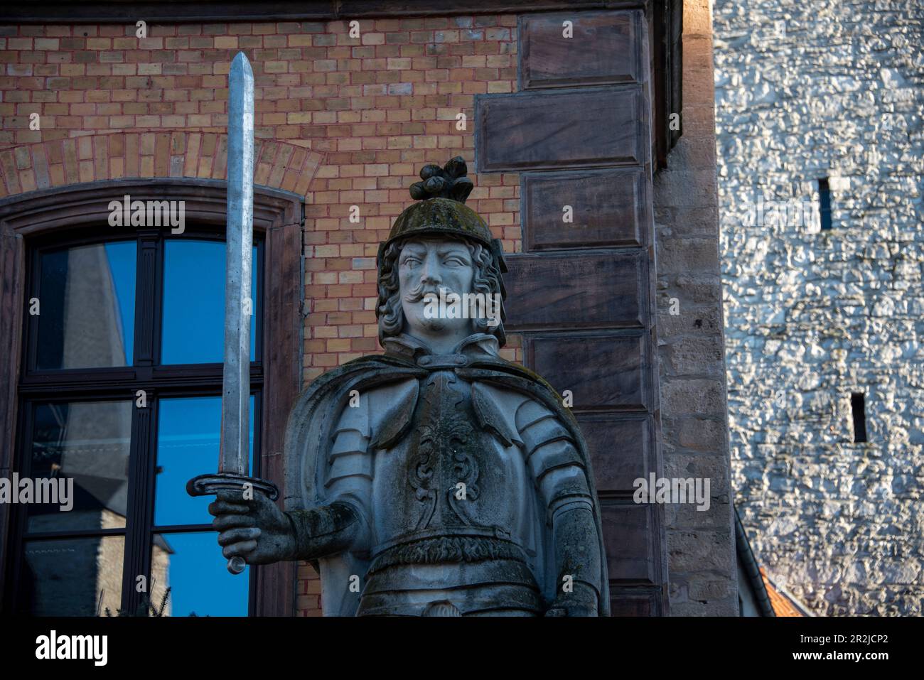 Roland in front of Calbe Town Hall, only German Roland with a helmet ...