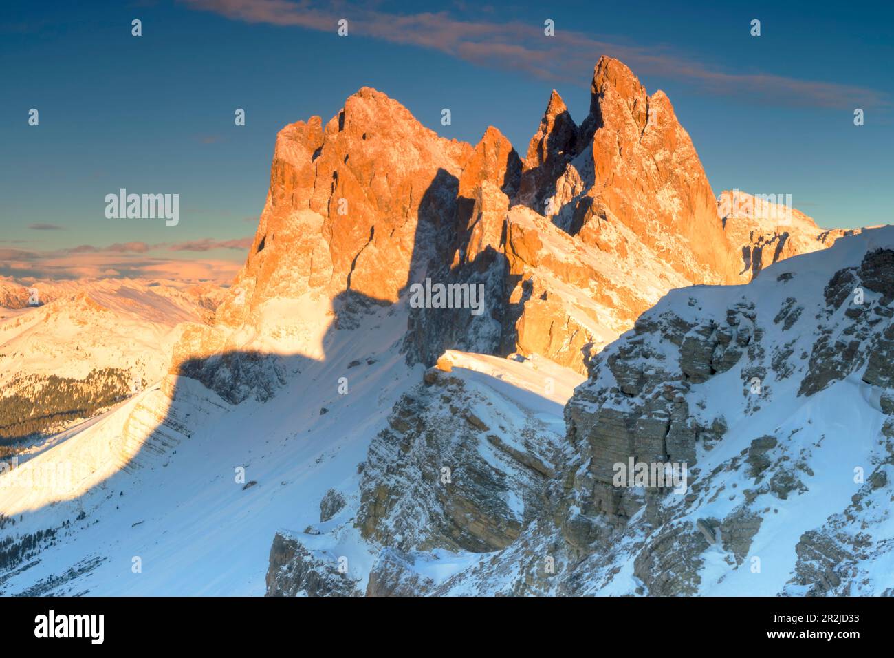 View from the Seceda to the Geisler peaks in the Dolomites Stock Photo ...