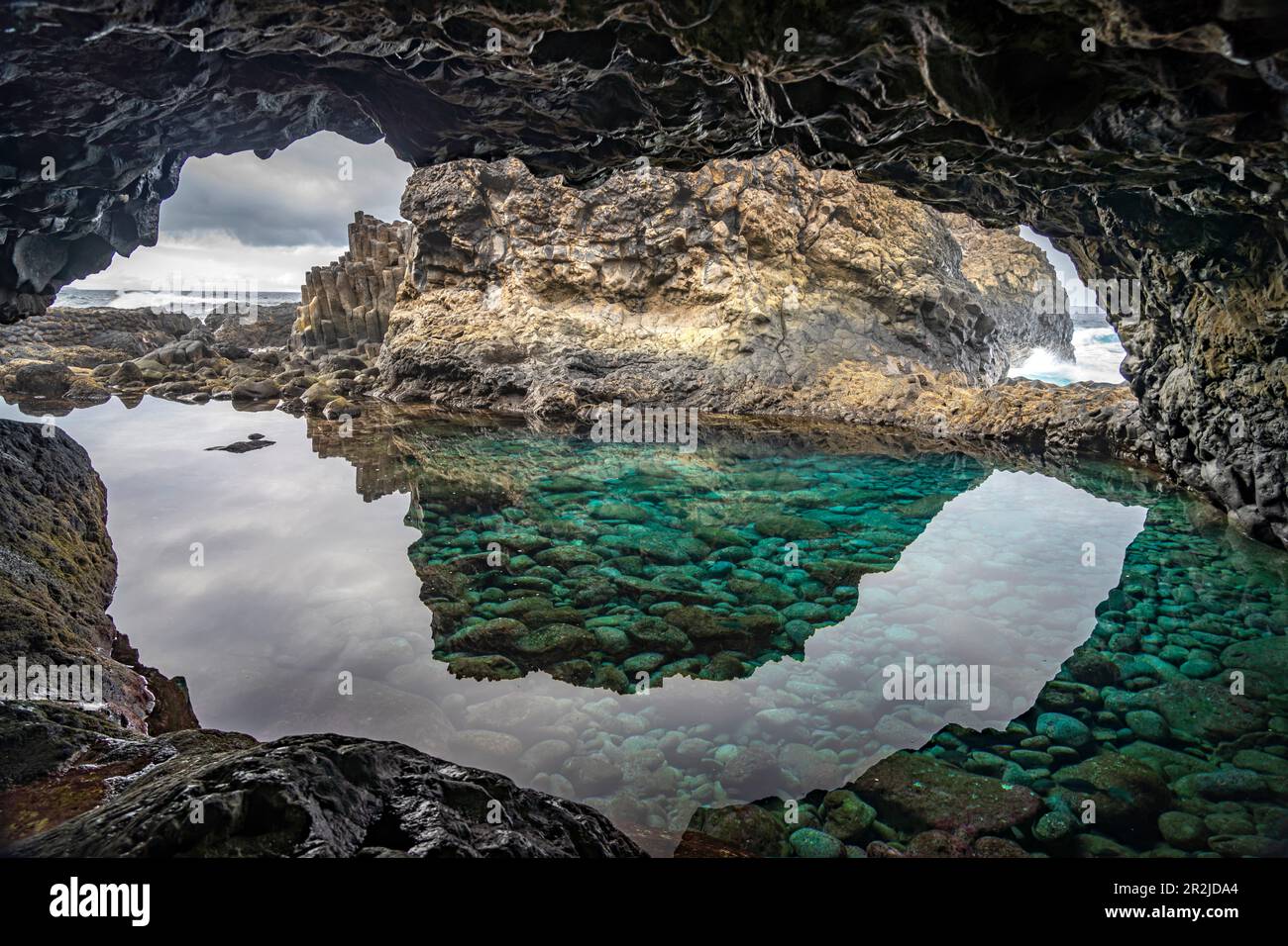 Lava cave with natural pool at Charco Azul, El Hierro, Canary Islands ...