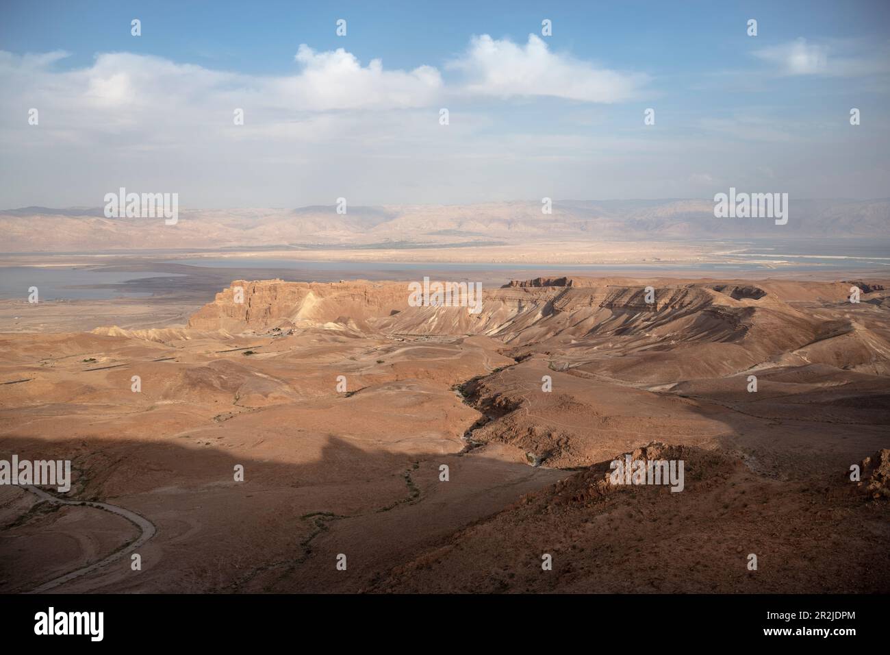 View of the natural fortifications of Masada and the Dead Sea, Israel ...