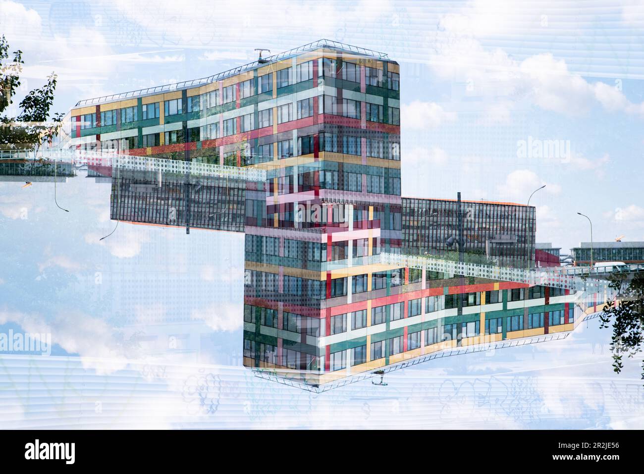Double exposure of colorful modern architectural residential buildings ...