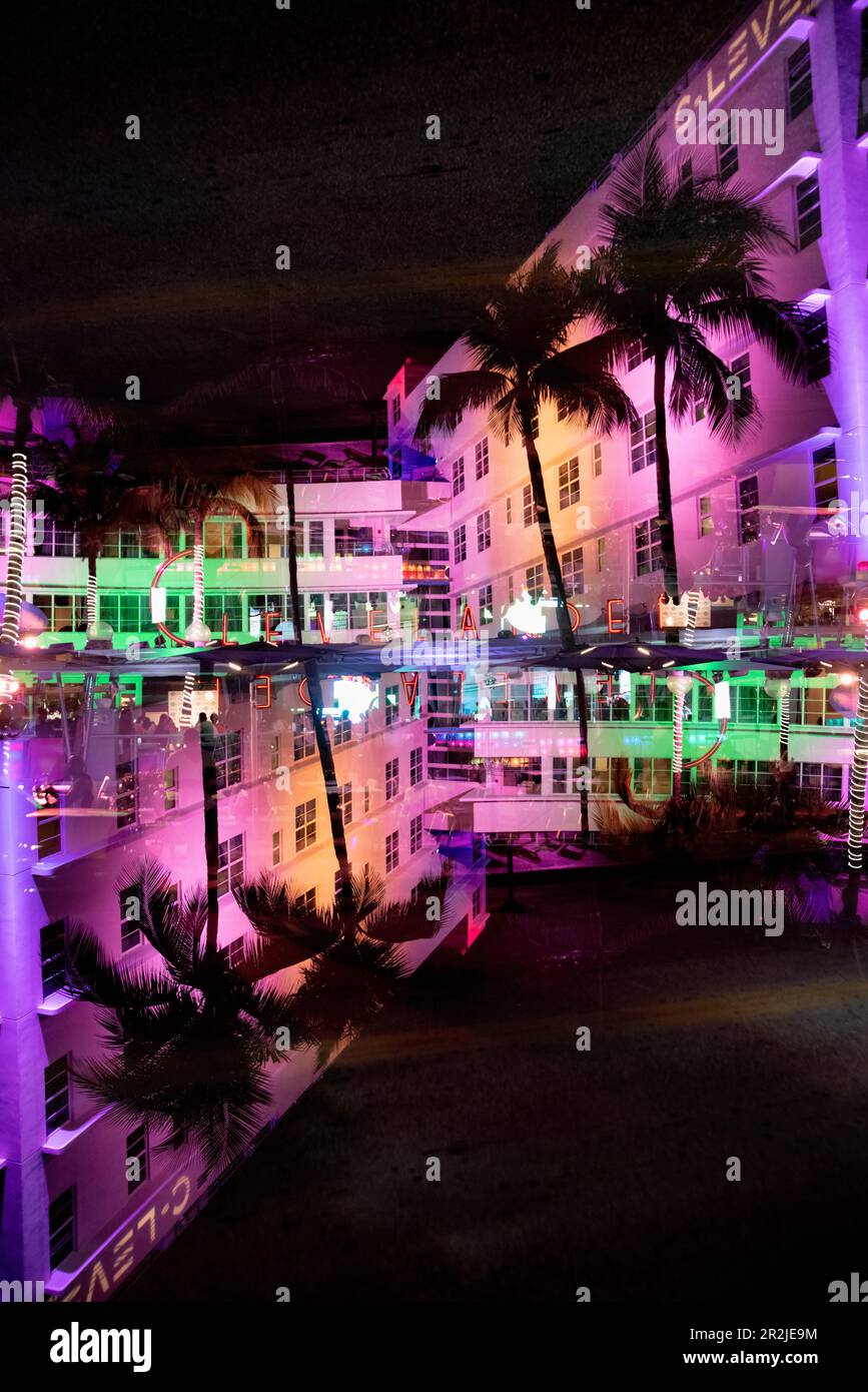 Double exposure of the Clevelander hotel on South Beach in Miami ...
