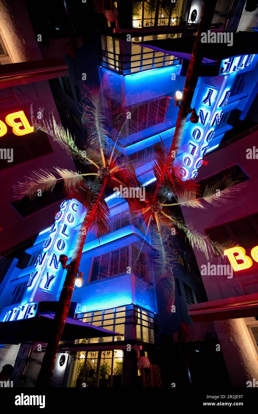 Double exposure of the Colony hotel on South Beach in Miami, famous ...