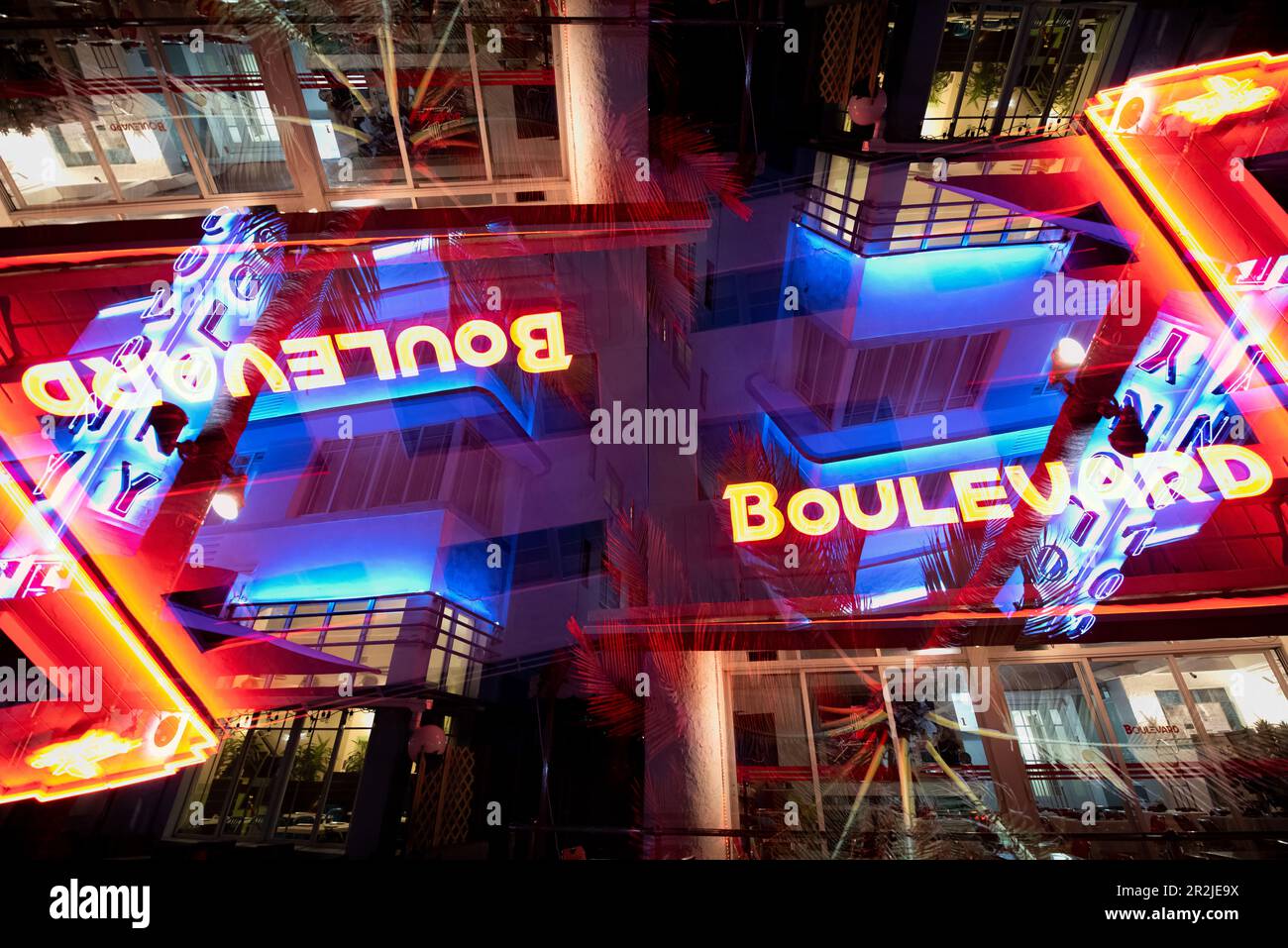 Double exposure of the Colony hotel on South Beach in Miami, famous ...