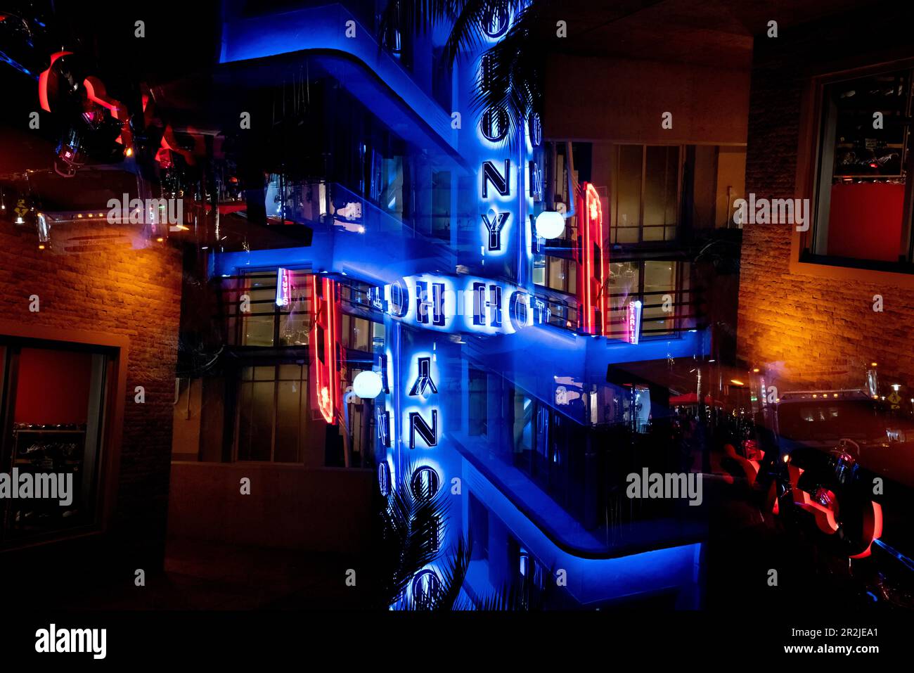 Double exposure of the Colony hotel on South Beach in Miami, famous ...