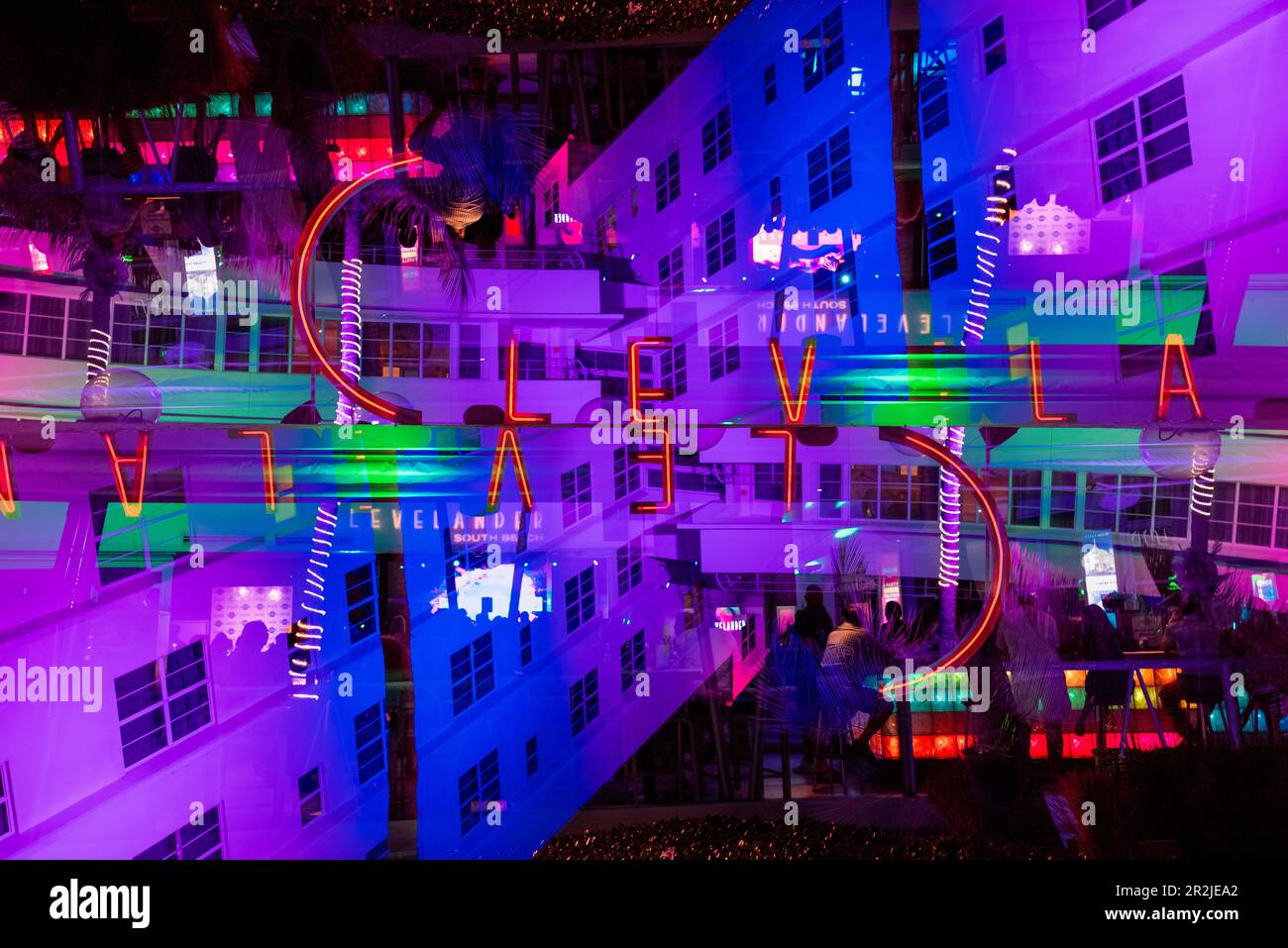 Double exposure of the Clevelander hotel on South Beach in Miami ...