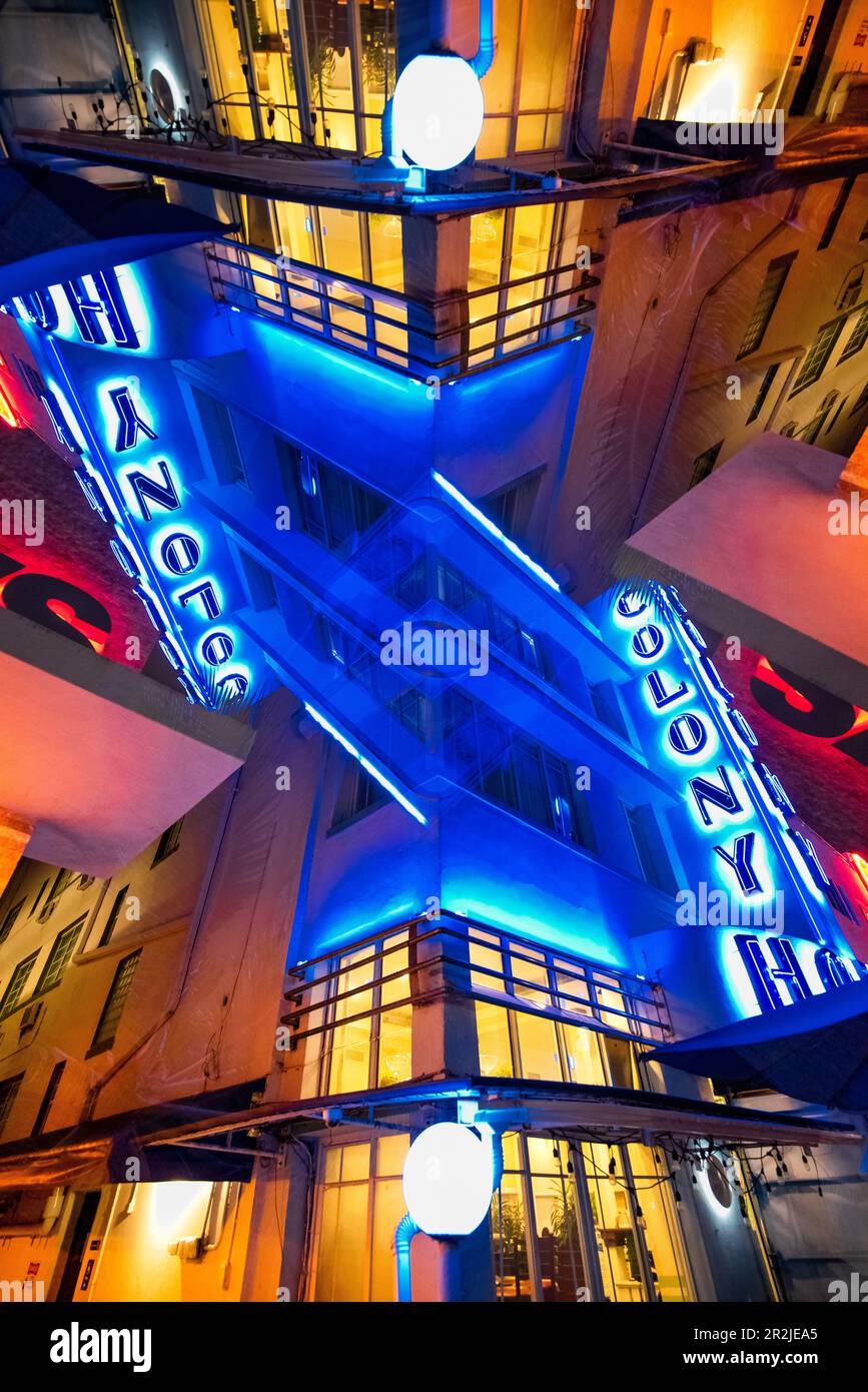 Double exposure of the Colony hotel on South Beach in Miami, famous ...