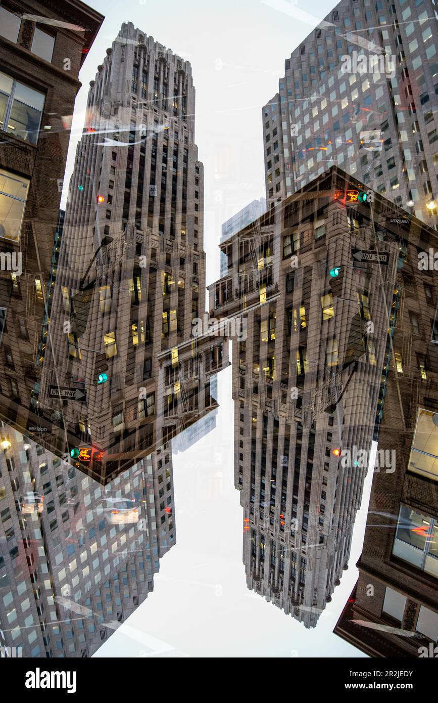 Double exposure of a highrise building on Battery street in the ...