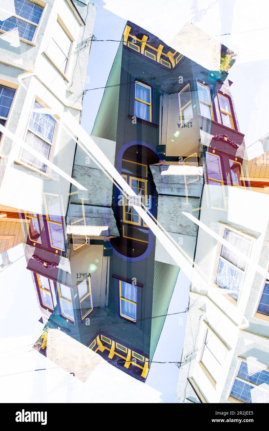 Double exposure of a Victorian style colorful wooden residential ...