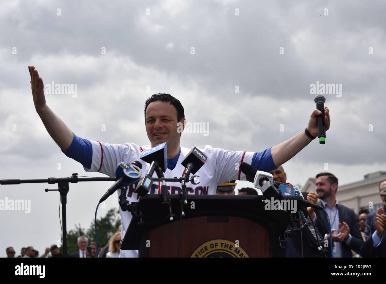 Paterson, USA. 19th May, 2023. Mayor of Paterson Andre Sayegh makes ...