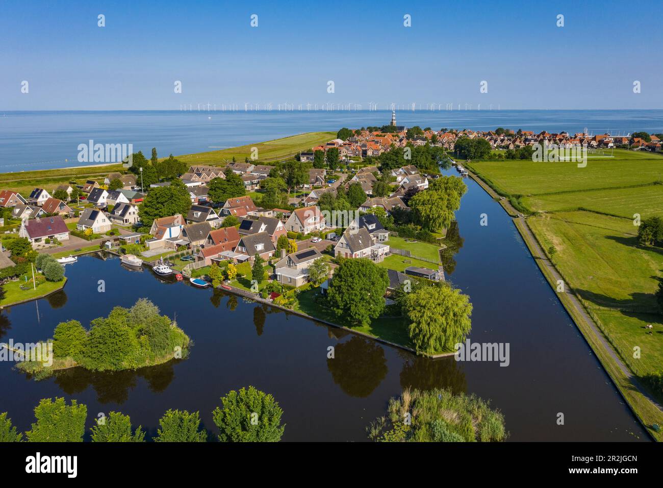 Aerial view of city center and IJsselmeer, Hindeloopen, Friesland ...
