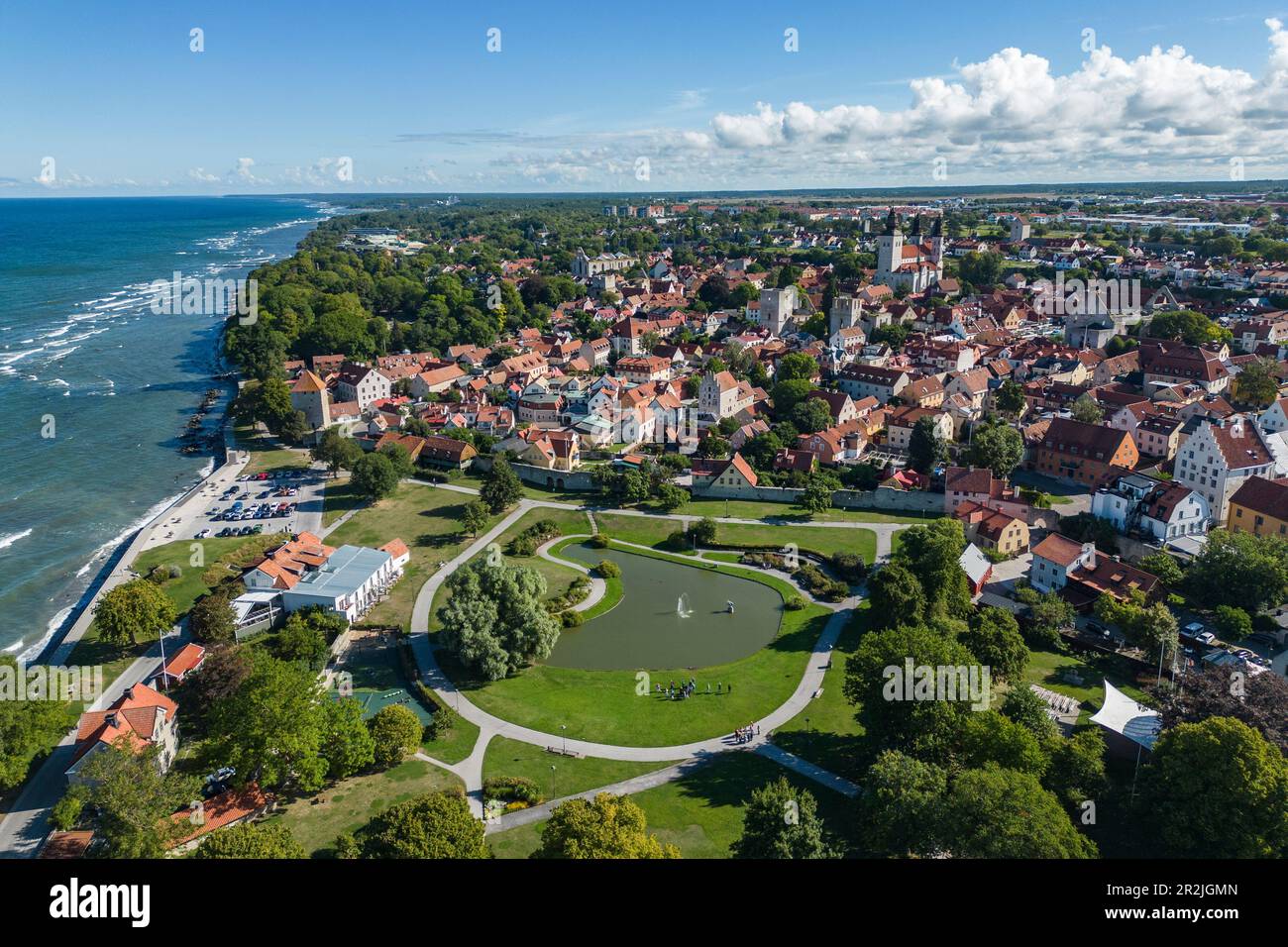 Aerial view of lake with fountain in Almedalen Park in the old town ...