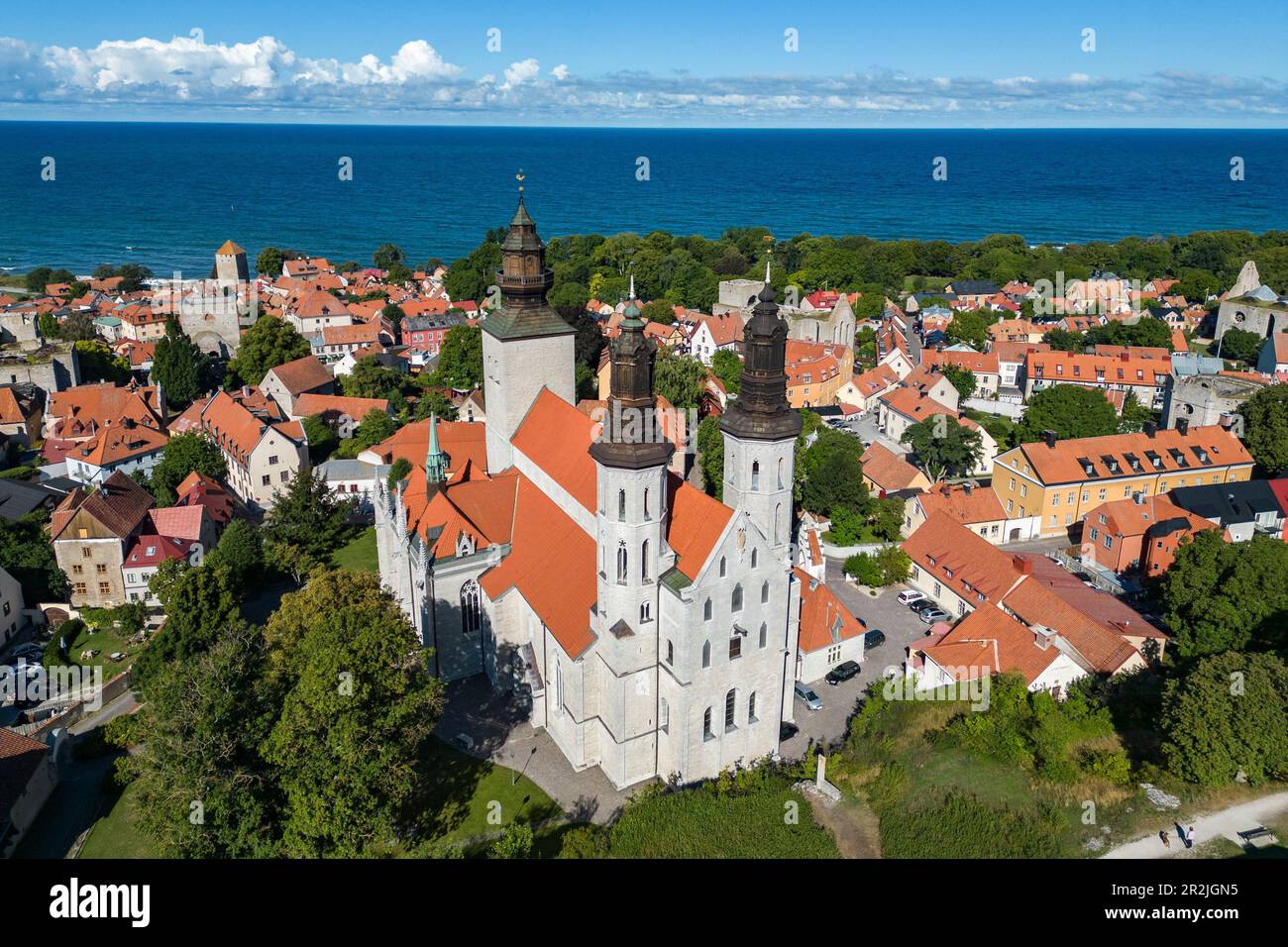 Aerial view of Visby Cathedral in the old town, Visby, Gotland, Sweden ...