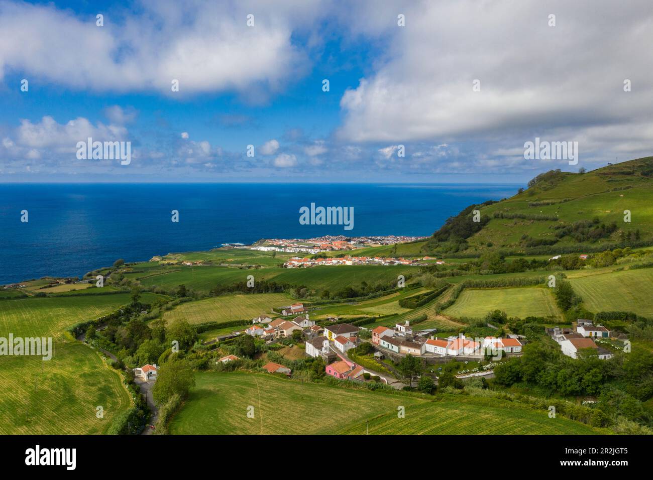 Aerial view of villages and coastline, Maia, Sao Miguel Island, Azores ...