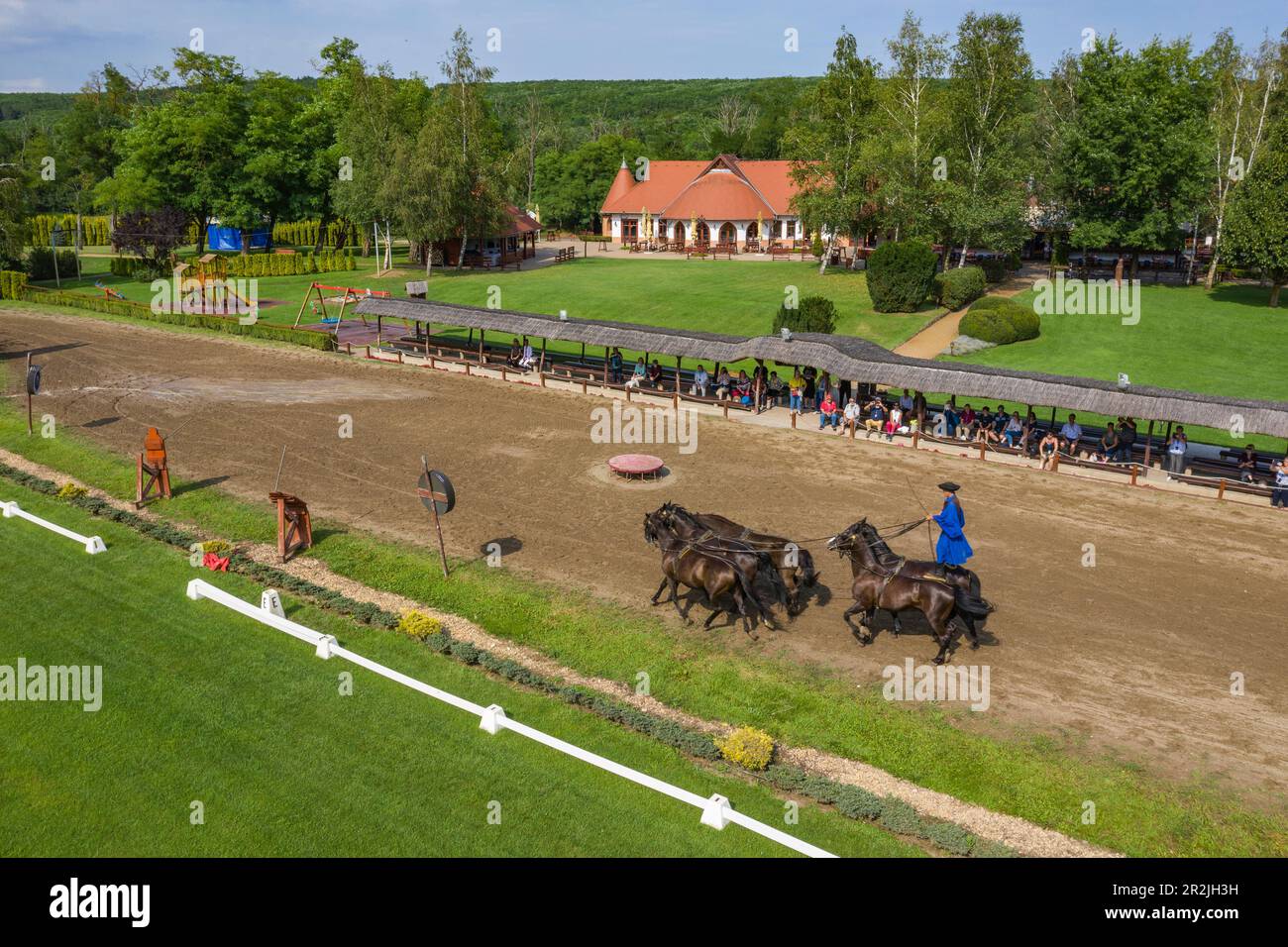 Aerial view of a Hungarian horse riding performance at Lazar Equestrian ...
