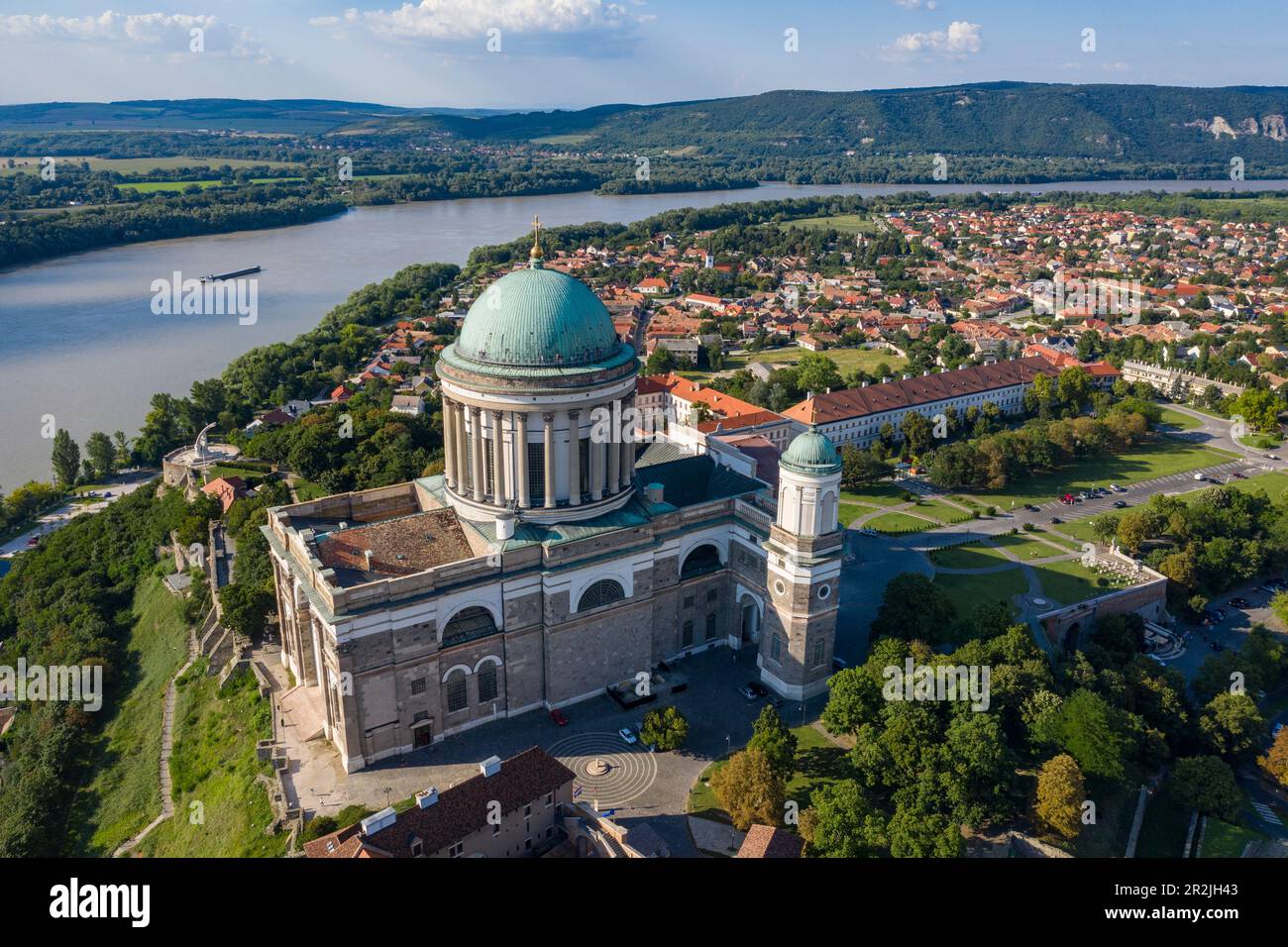 Aerial view of Esztergom Cathedral, city and Danube River, Esztergom ...