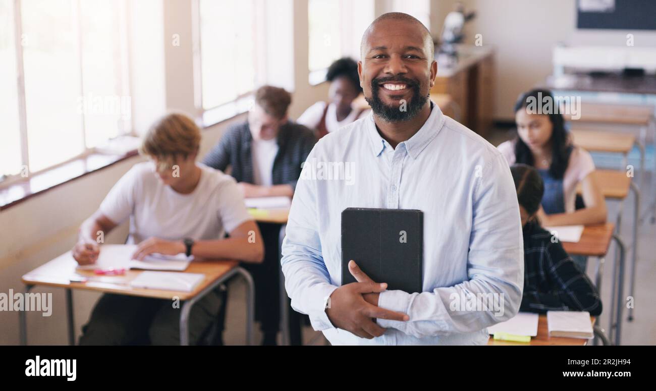 Portrait, black man and teacher in a class, students and smile with ...