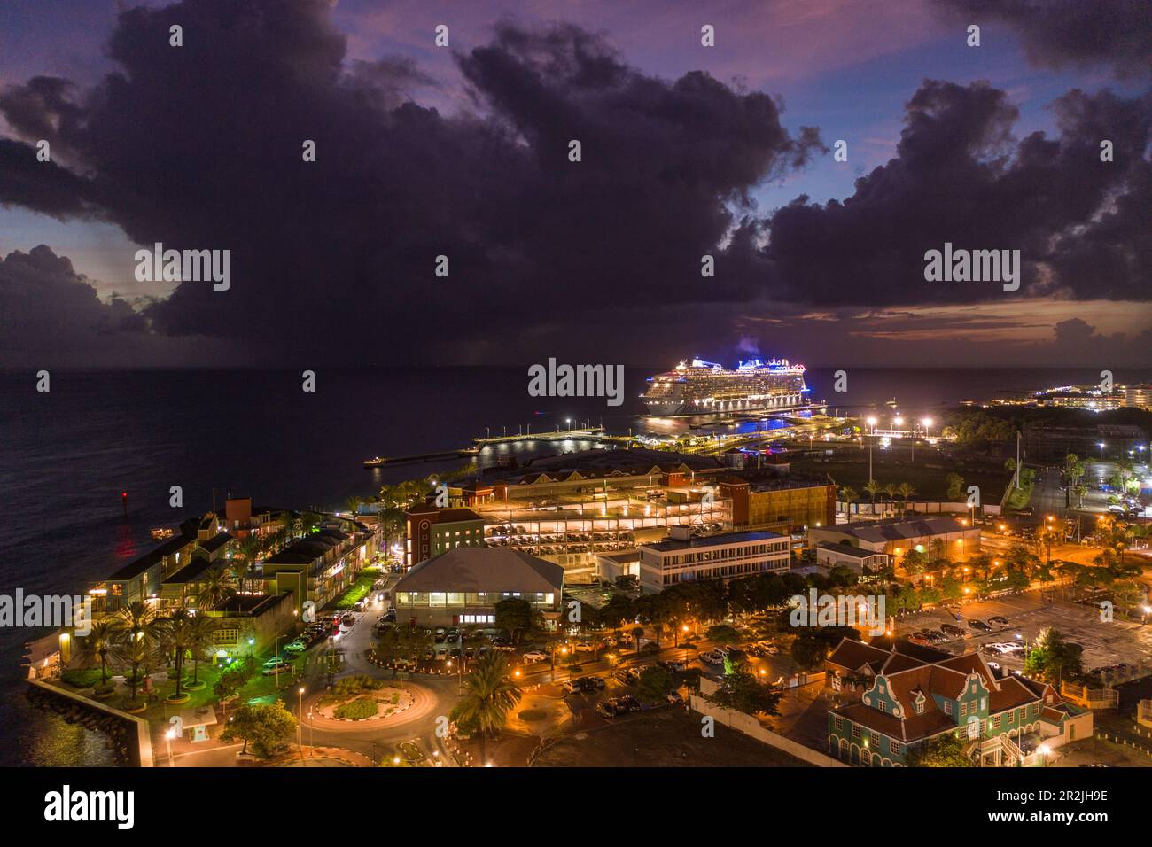 Aerial view of the port area of Otrabando with the cruise ship Odyssey ...