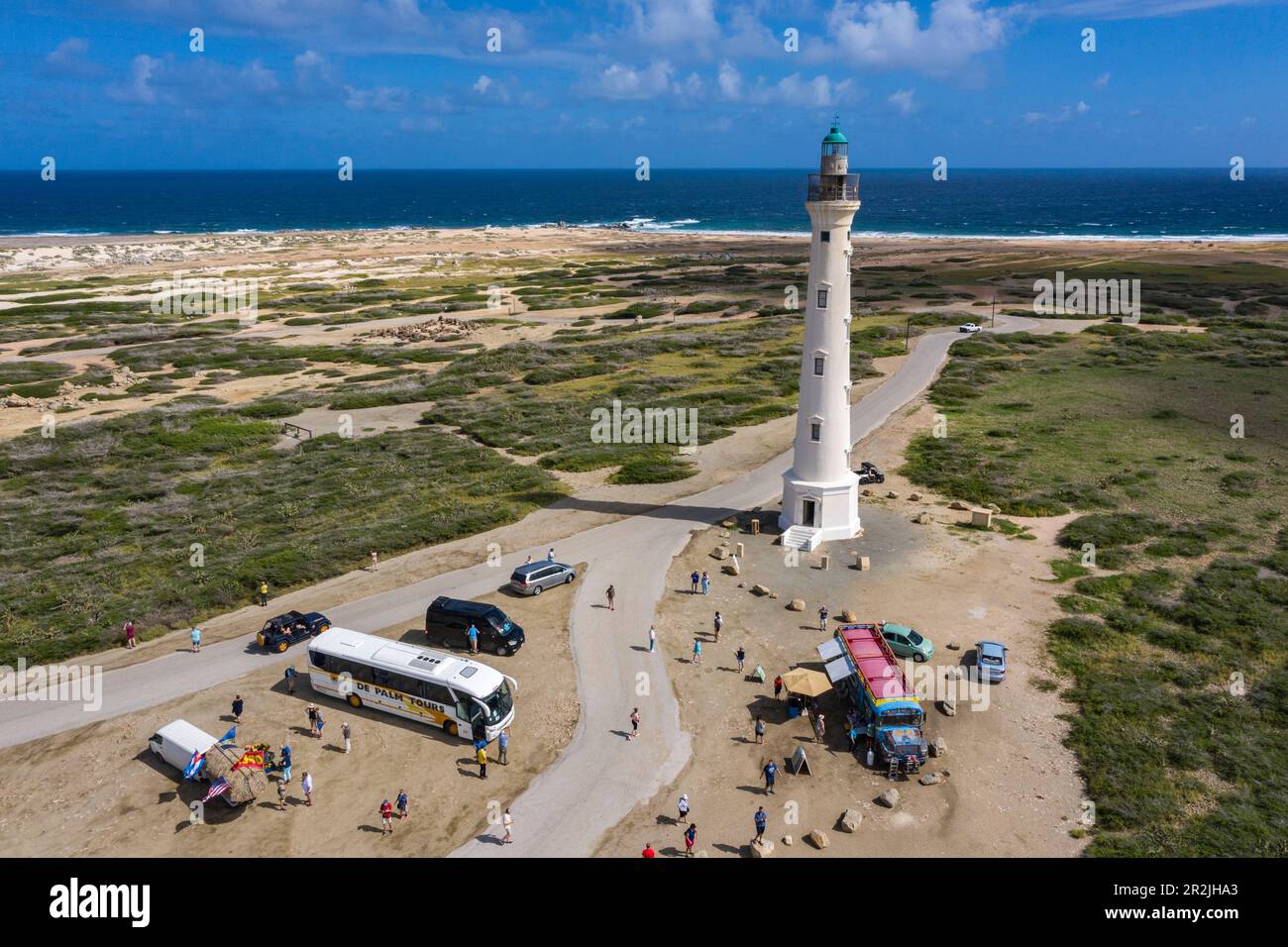 Aerial view of tour buses and snack bars at the California Lighthouse ...