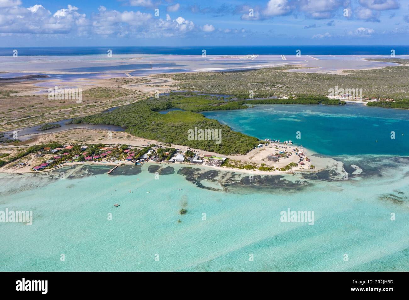 Aerial view of Lac Bay with salt pans in the distance, Sorobon, Bonaire ...