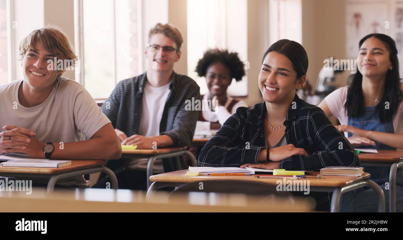 Education, university and students sitting in a classroom for learning ...