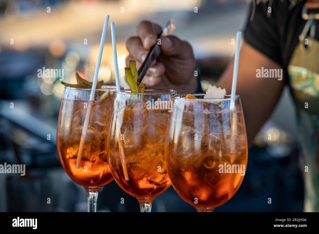 Detail of the Aperol Spritz cocktails being prepared at the 180º Sunset ...