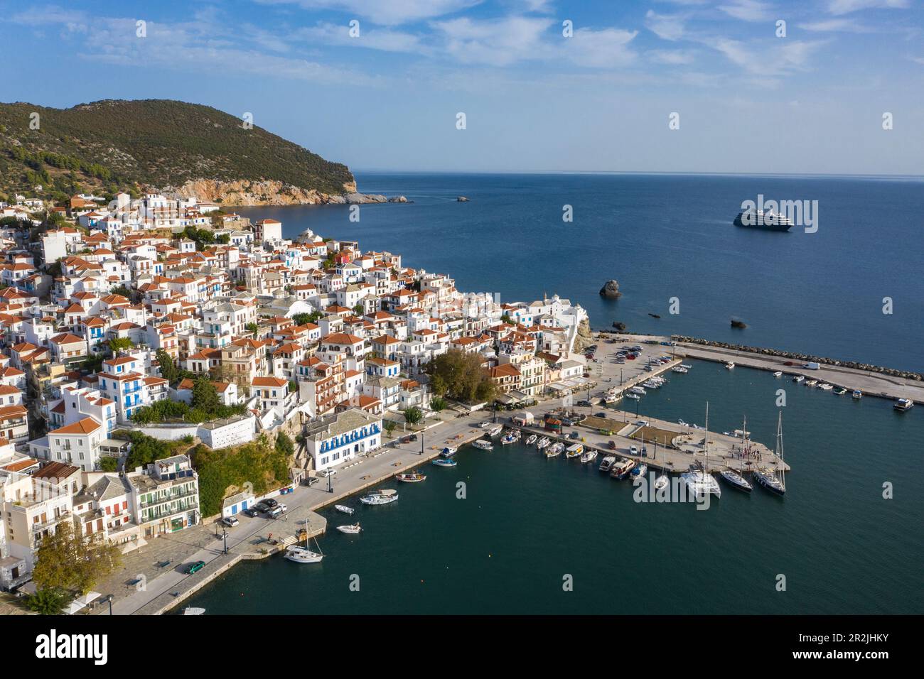 Aerial view of the town with expedition cruise ship World Explorer ...
