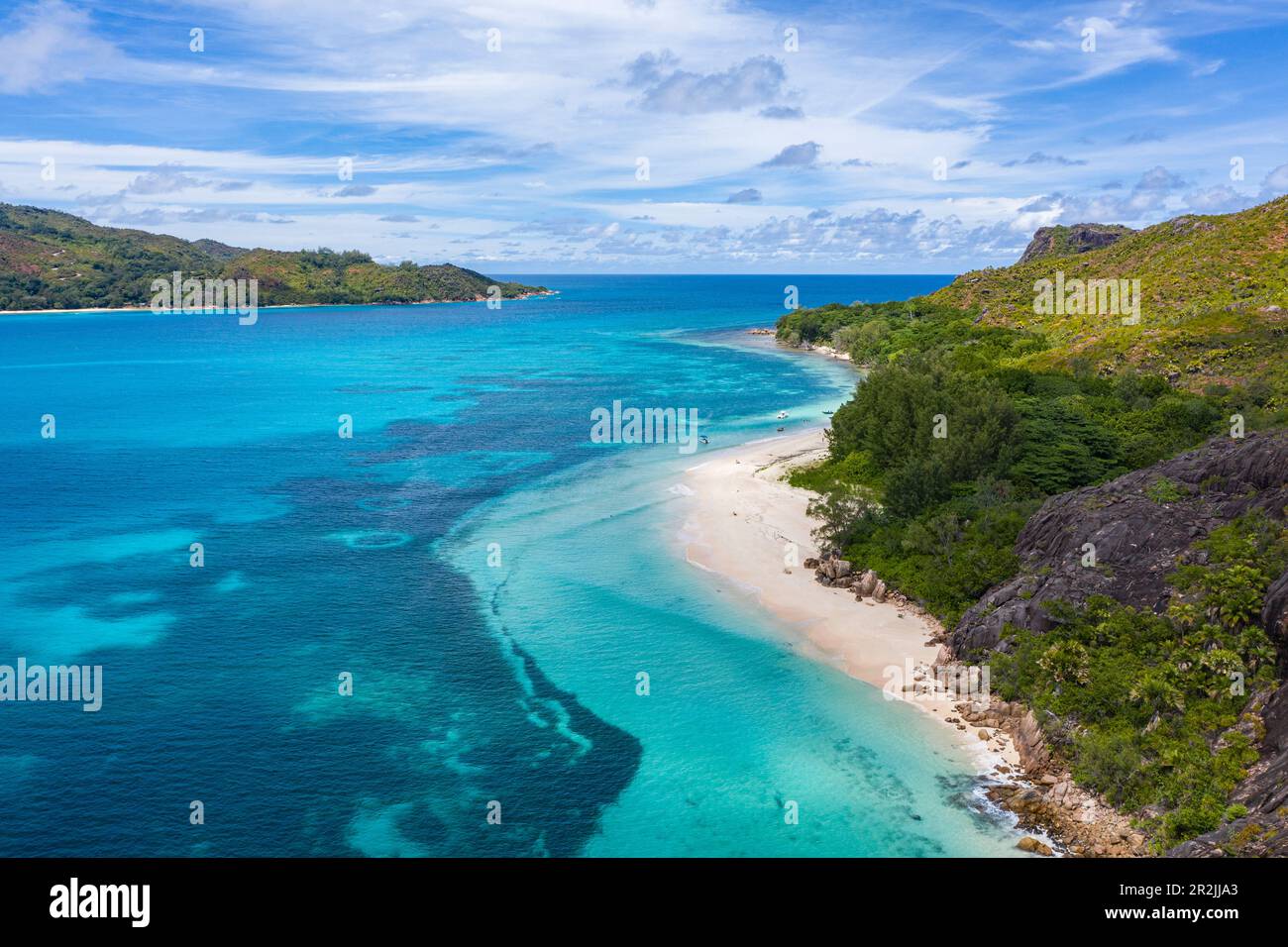 Aerial view of reef and beach, Curieuse Island, Seychelles, Indian ...