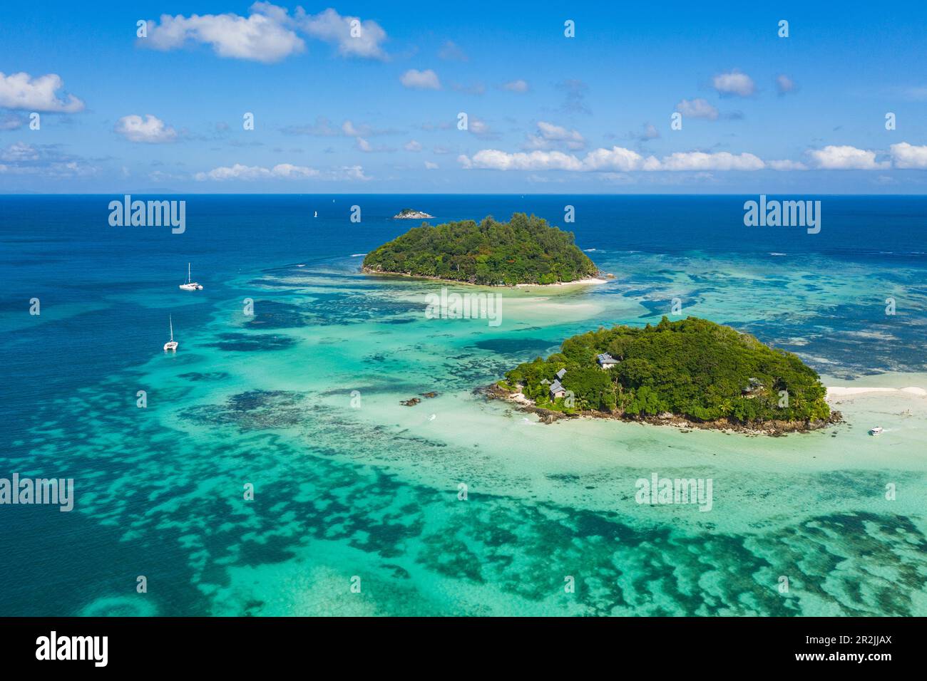 Aerial view of sailing boats and islands, St Anne Marine National Park ...