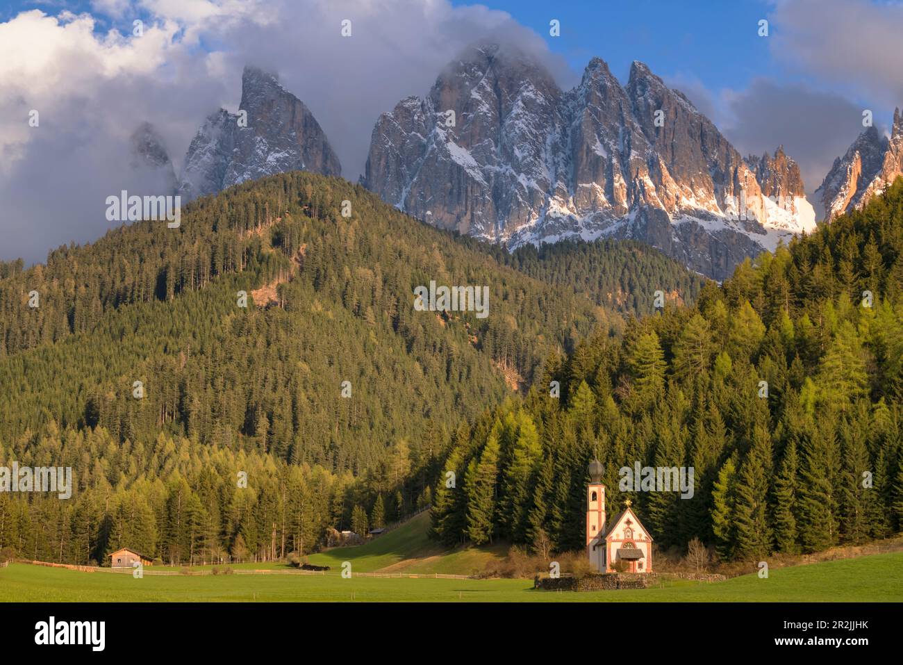 The Church of St. Magdalena in Villnösstal, in the background the ...