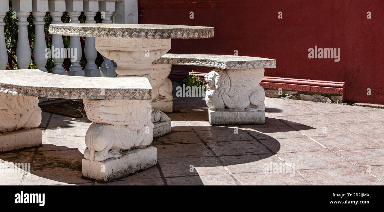 White stone table benches hi-res stock photography and images - Alamy