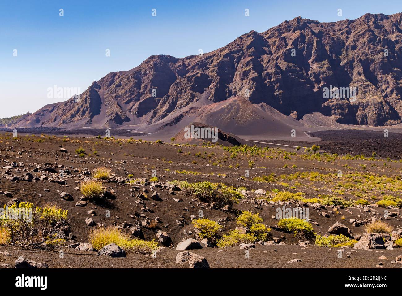 The open side of the Pico do Fogo volcano with rocks and lava boulders ...