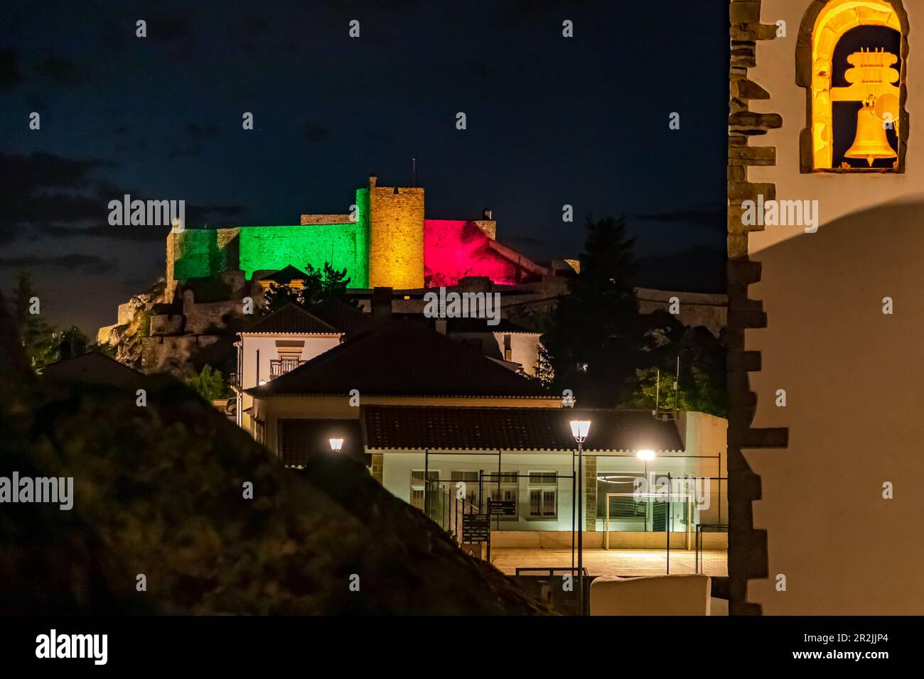 The castle and ramparts of the town of Marvao illuminated in the ...