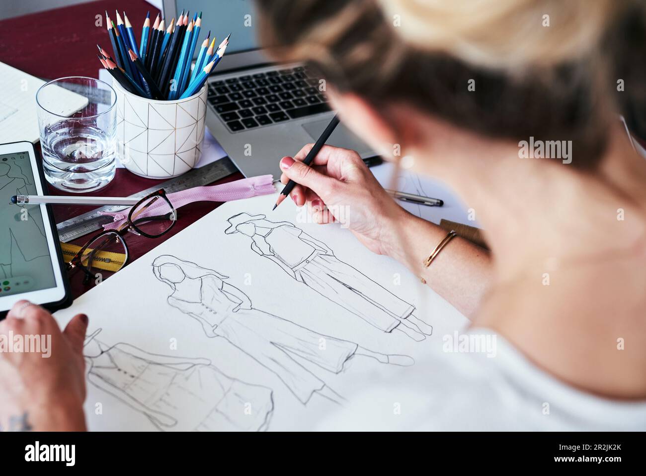 Woman, hands and fashion designer drawing sketch for planning, idea or ...