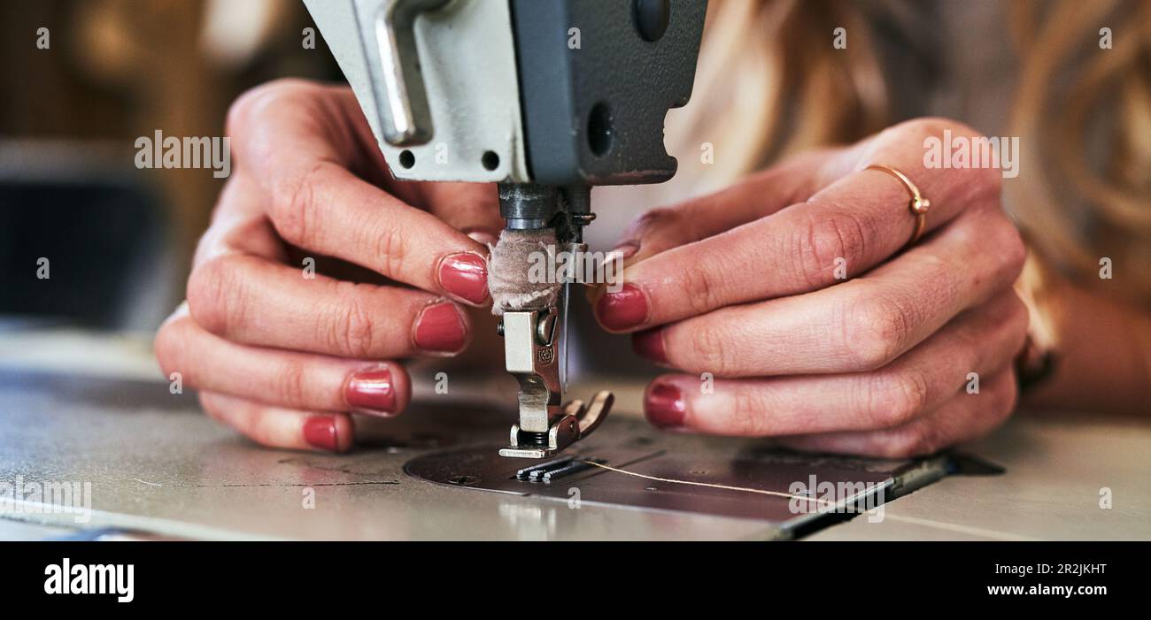 Workshop sewing machine, woman hands and fashion designer with button ...