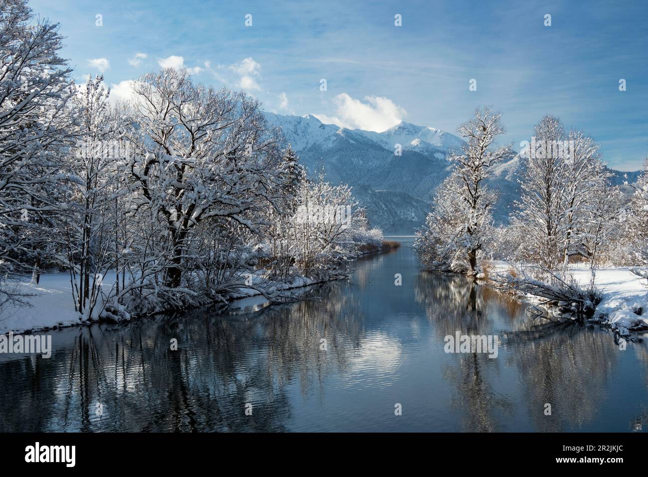 Loisach and Kochelsee with Heimgarten in winter, Alps, Upper Bavaria ...