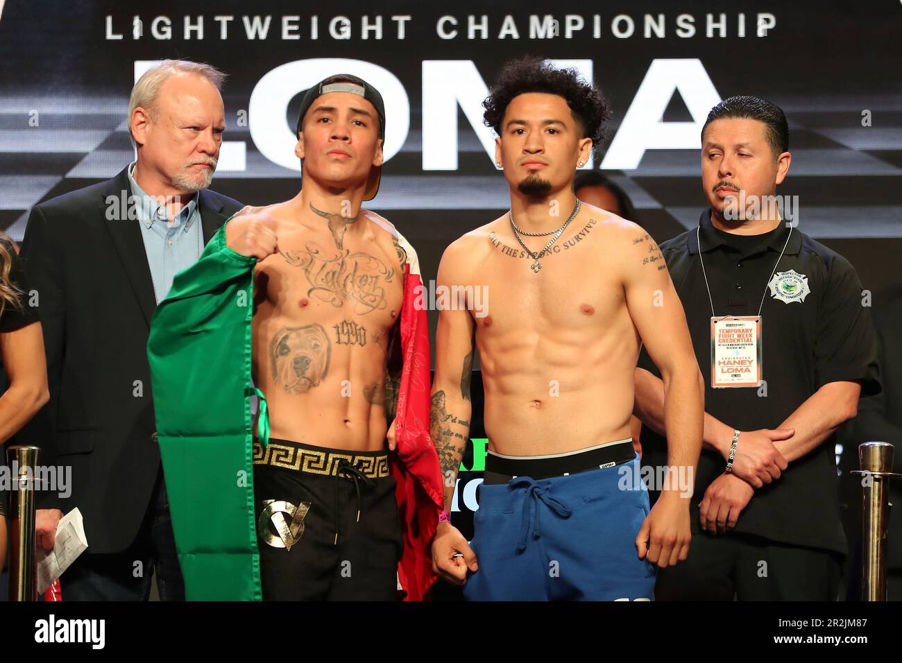 LAS VEGAS, NEVADA - MAY 19: (L-R) Oscar Valdez and Adam Lopez face off ...