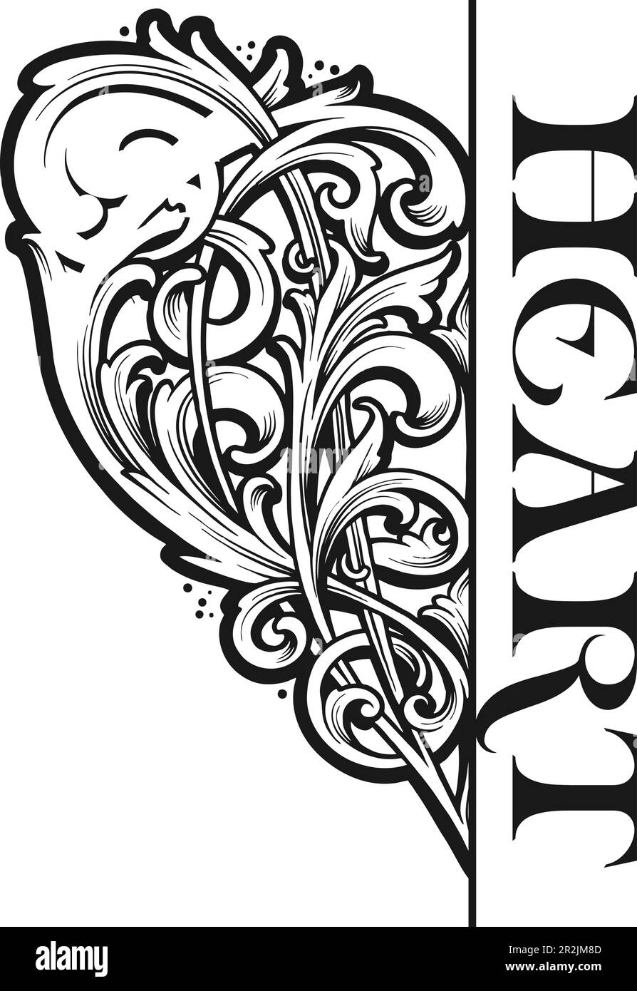 Vintage floral engraved ornament half heart shape illustrations ...