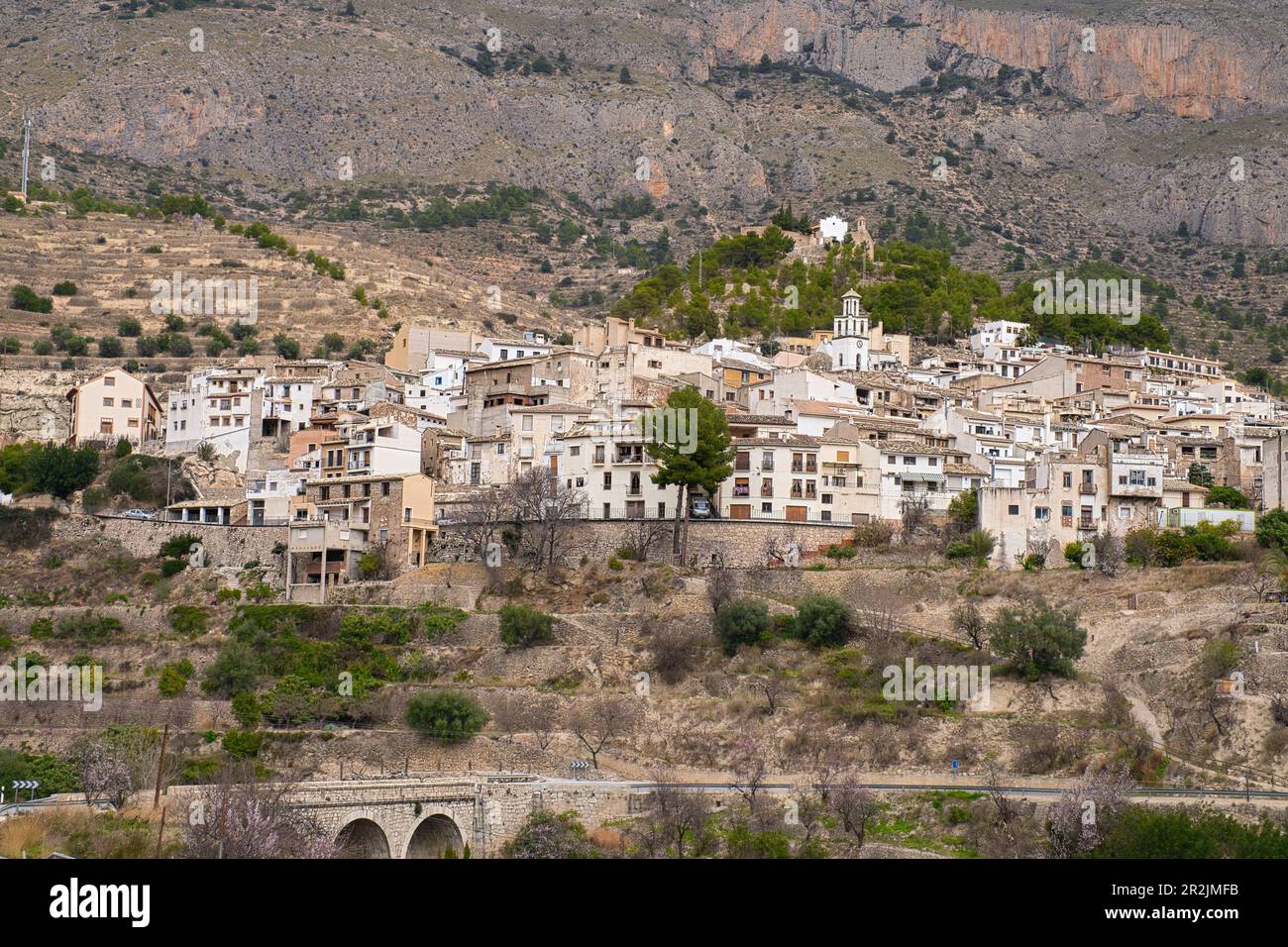 Sella Alicante Spain 02.24.23 White walled mountain village. Barren ...