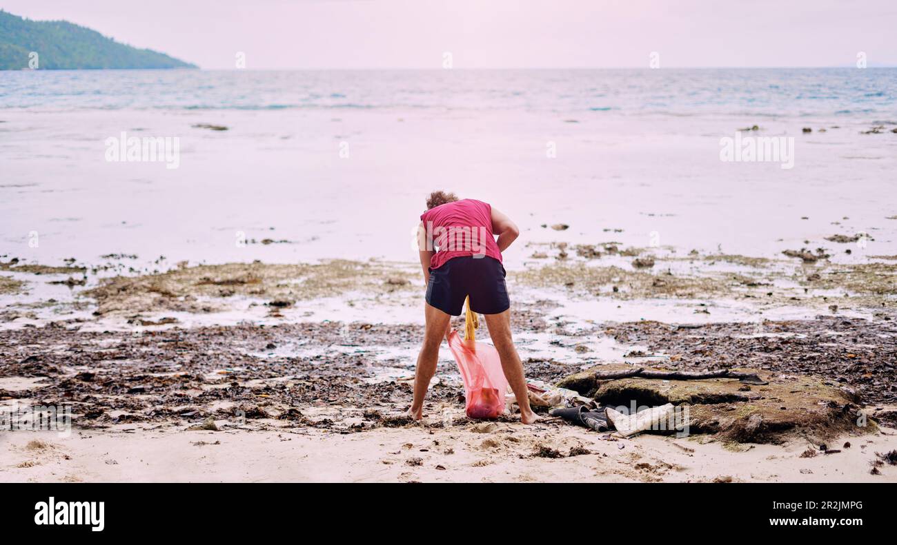 Back, recycling and man on the beach, pollution and environmental ...