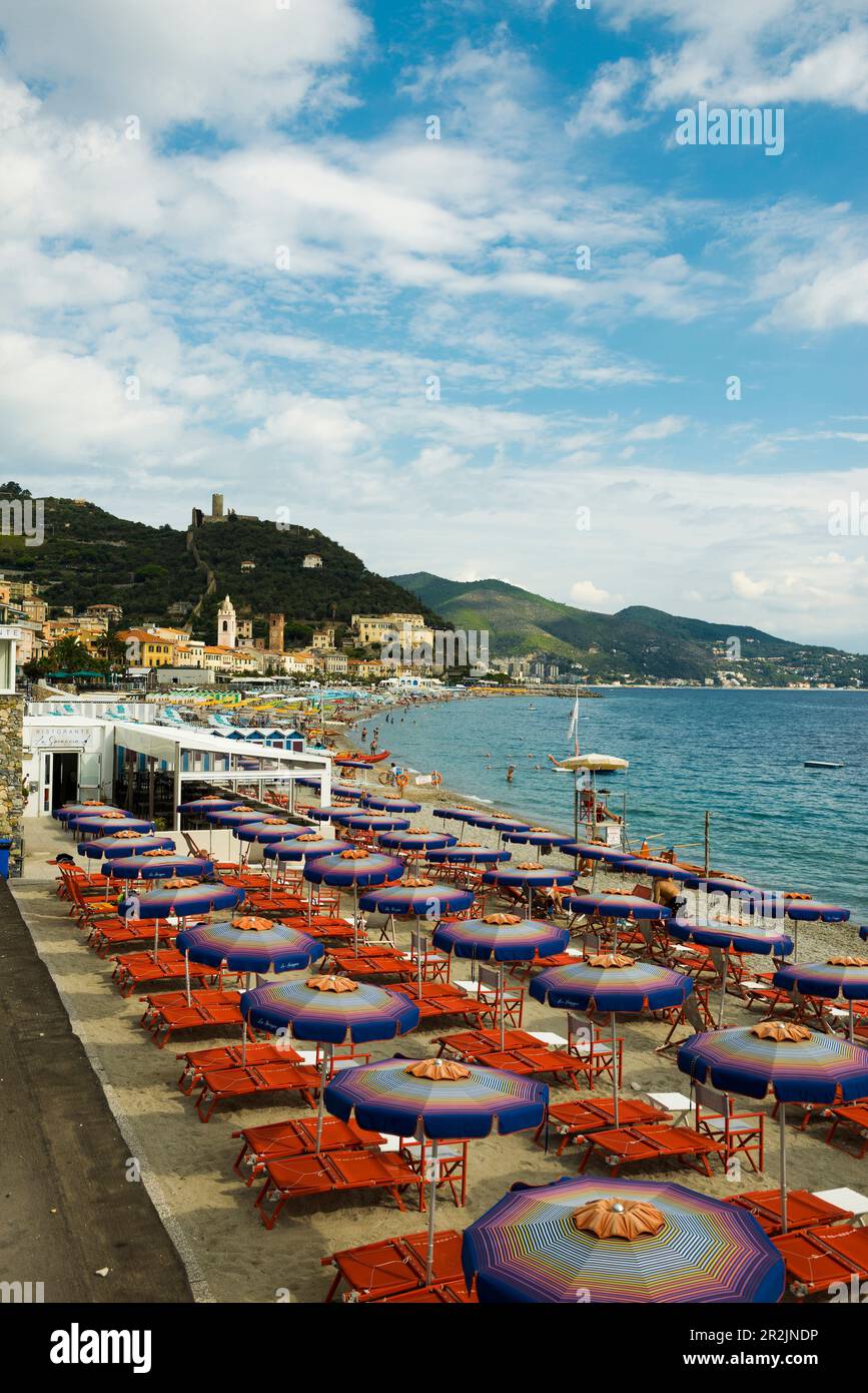 Colorful umbrellas on the beach, Noli, Riviera di Ponente, Liguria ...